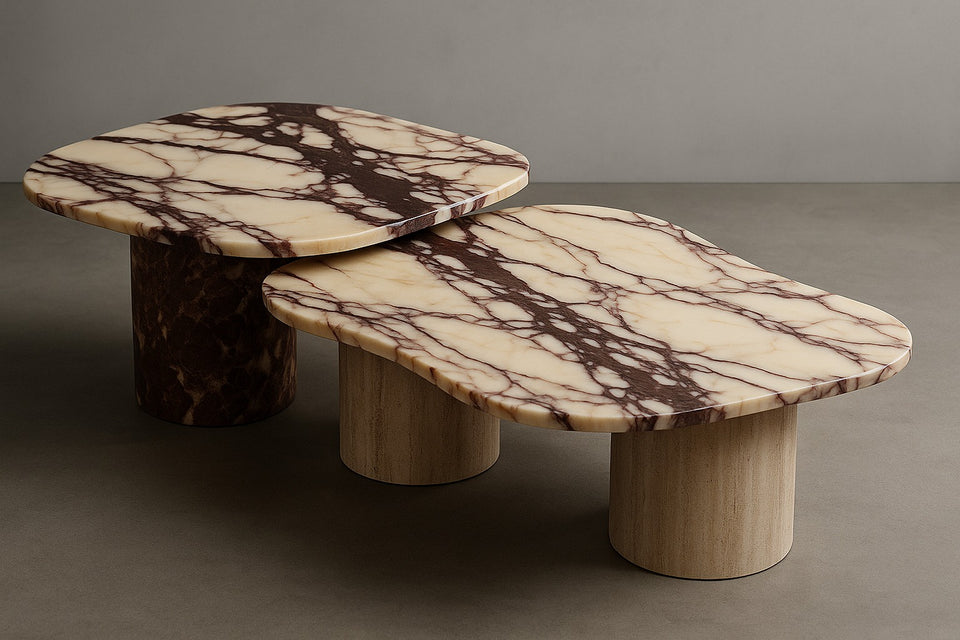 Dual-Leg Coffee Table - Calacatta Viola and Travertine – CAPA Stone Design